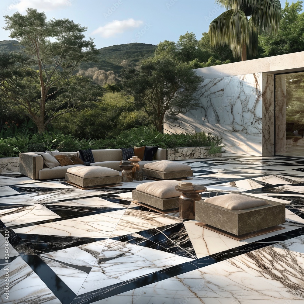 An outdoor patio with a geometric marble tile design, combining Crema ...