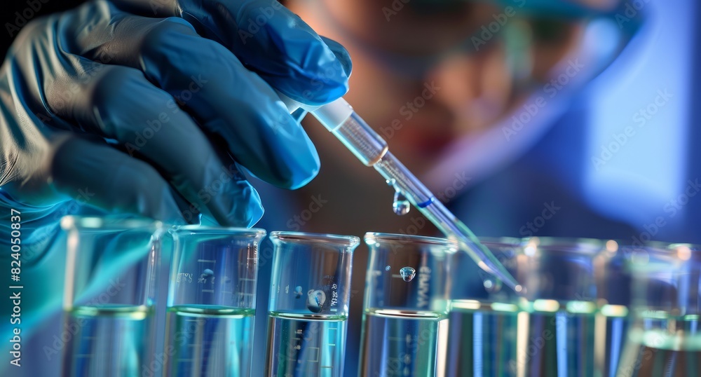 Female scientist using a test tube to mix liquid in the laboratory. A ...