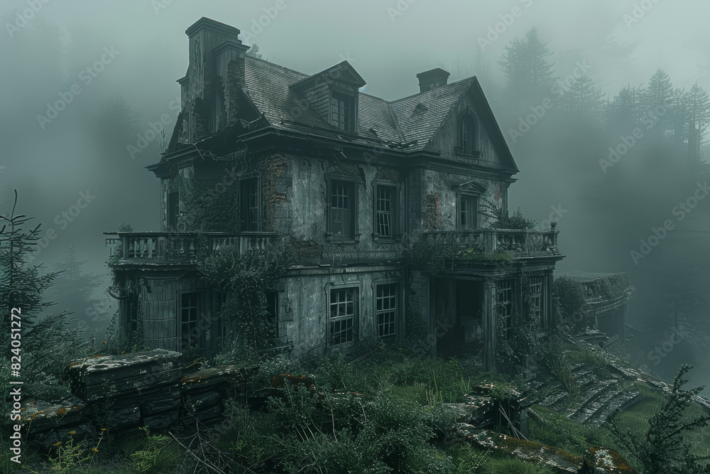 An abandoned, dilapidated mansion shrouded in mist, its windows ...