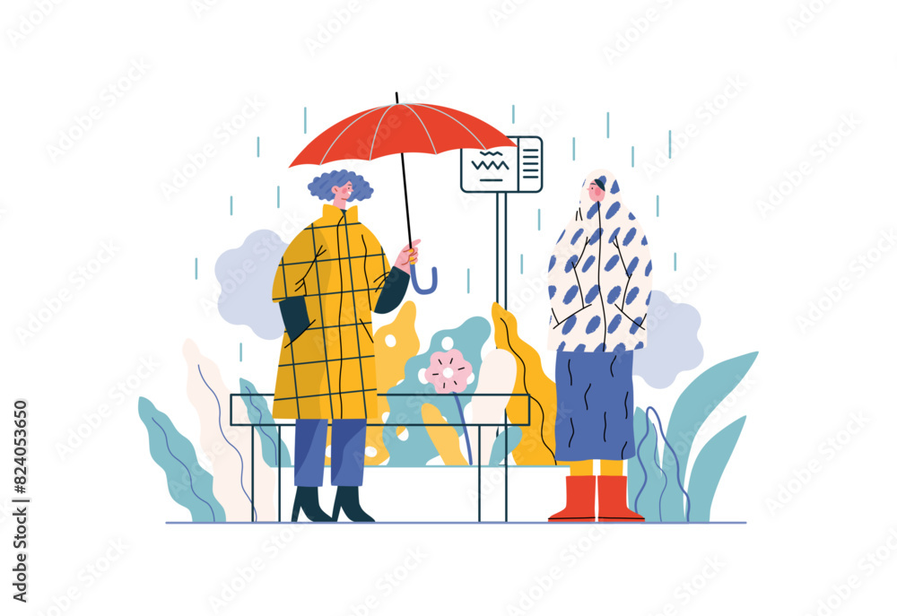 Mutual Support: Offer an umbrella to a stranger -modern flat vector ...