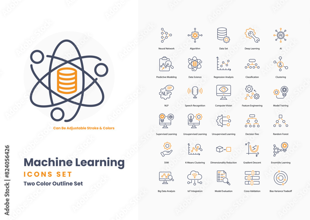 machine learning icons collection. Set contains such Icons as algorithm ...