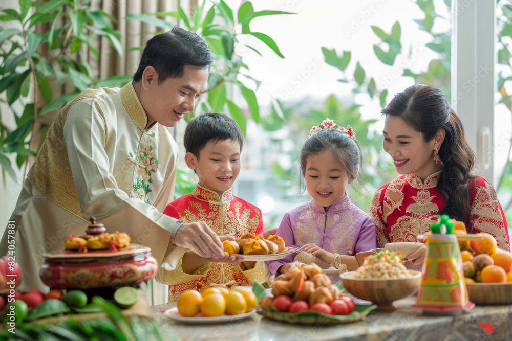 A happy Vietnamese family celebrating Tet with traditional dishes like ...