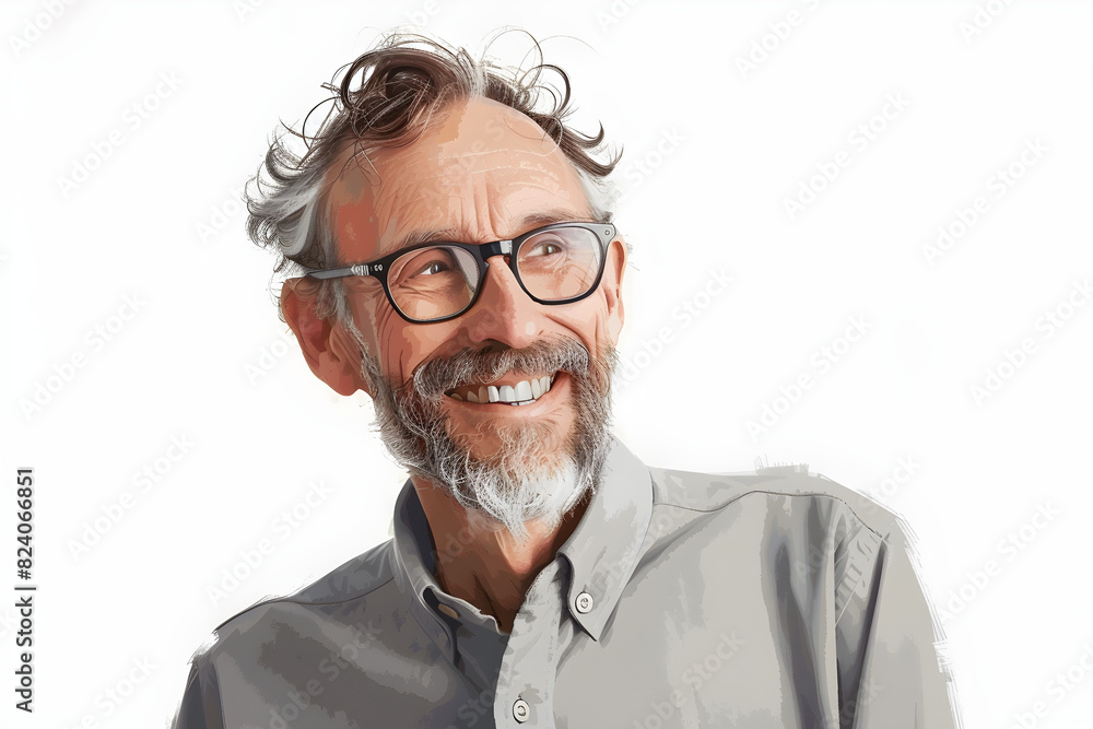 Smiling older man portrait in an illustration style with a joyful ...