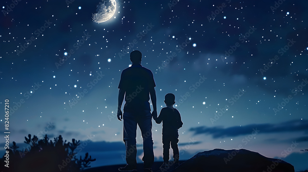 A father and son stargazing under a starry night sky with a crescent ...