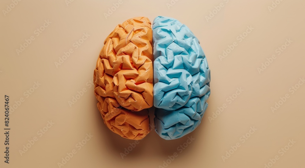 Paper cutout of the left and right half brain on a beige background ...
