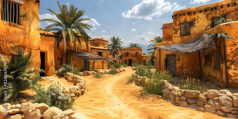 Realistic 3D rendering of an empty African village with clay houses ...
