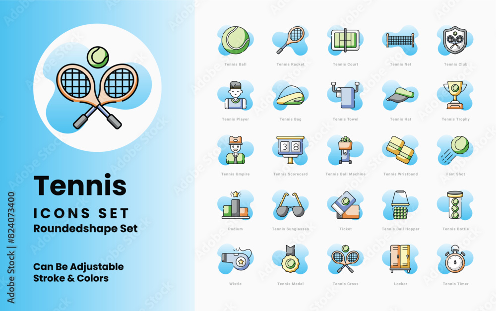 Tennis icons collection. Set contains such Icons as Racket, Ball, Net, Court, Serve, Volley ...