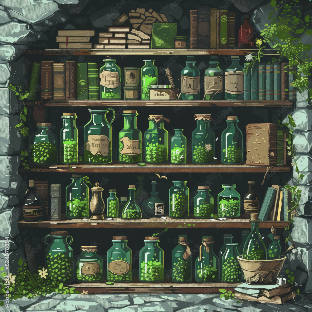 old bottles, pixel art illustration of green potions on a shelves ...