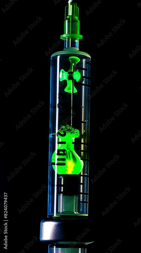 A conceptual image of a syringe filled with a glowing green substance ...
