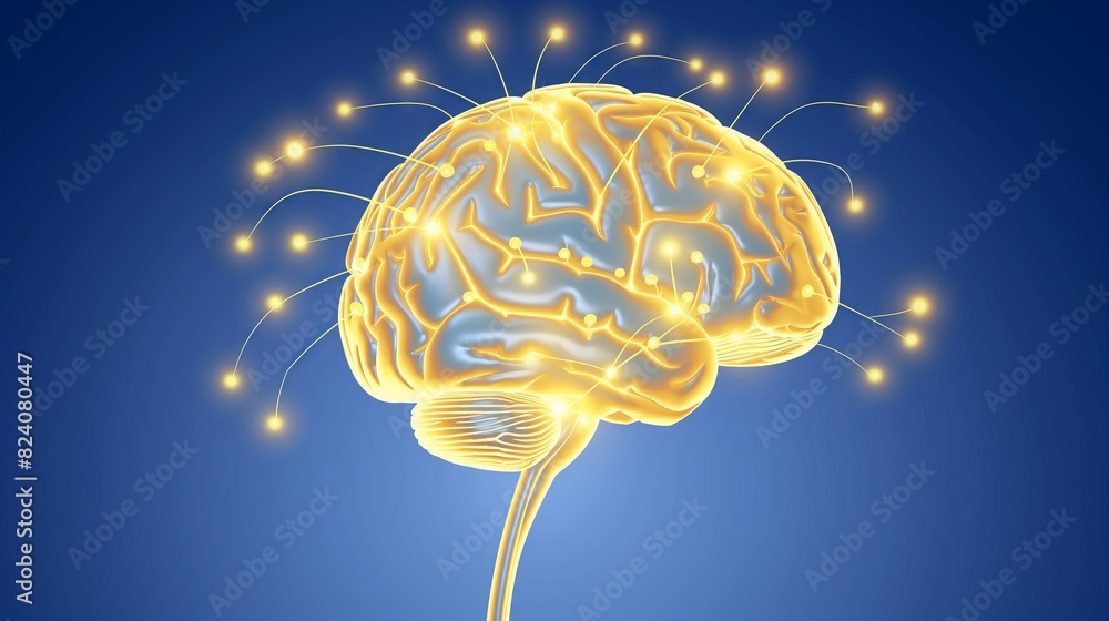 Glowing brain with neural connections on a blue background. Concept of ...