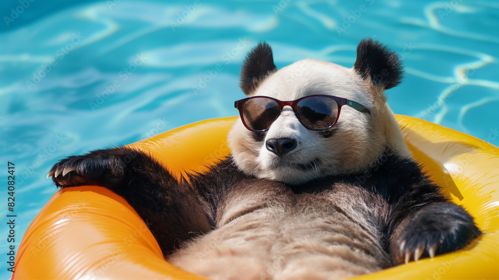 Cute panda wearing sunglasses. Big panda is relaxing in a pool ring ...