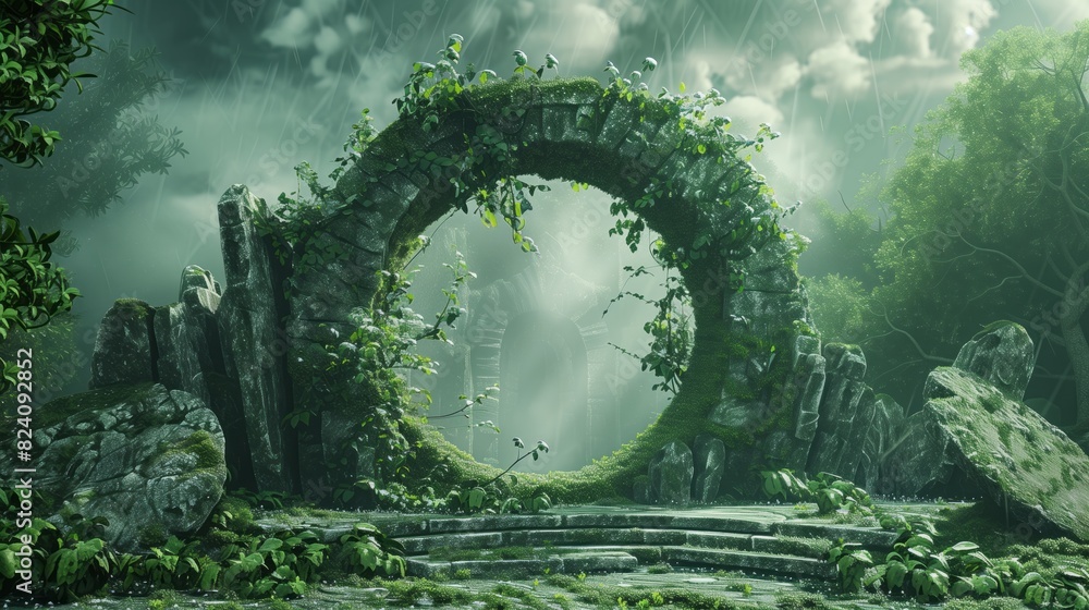 Spectacular fantasy scene with a portal archway covered in creepers. In ...