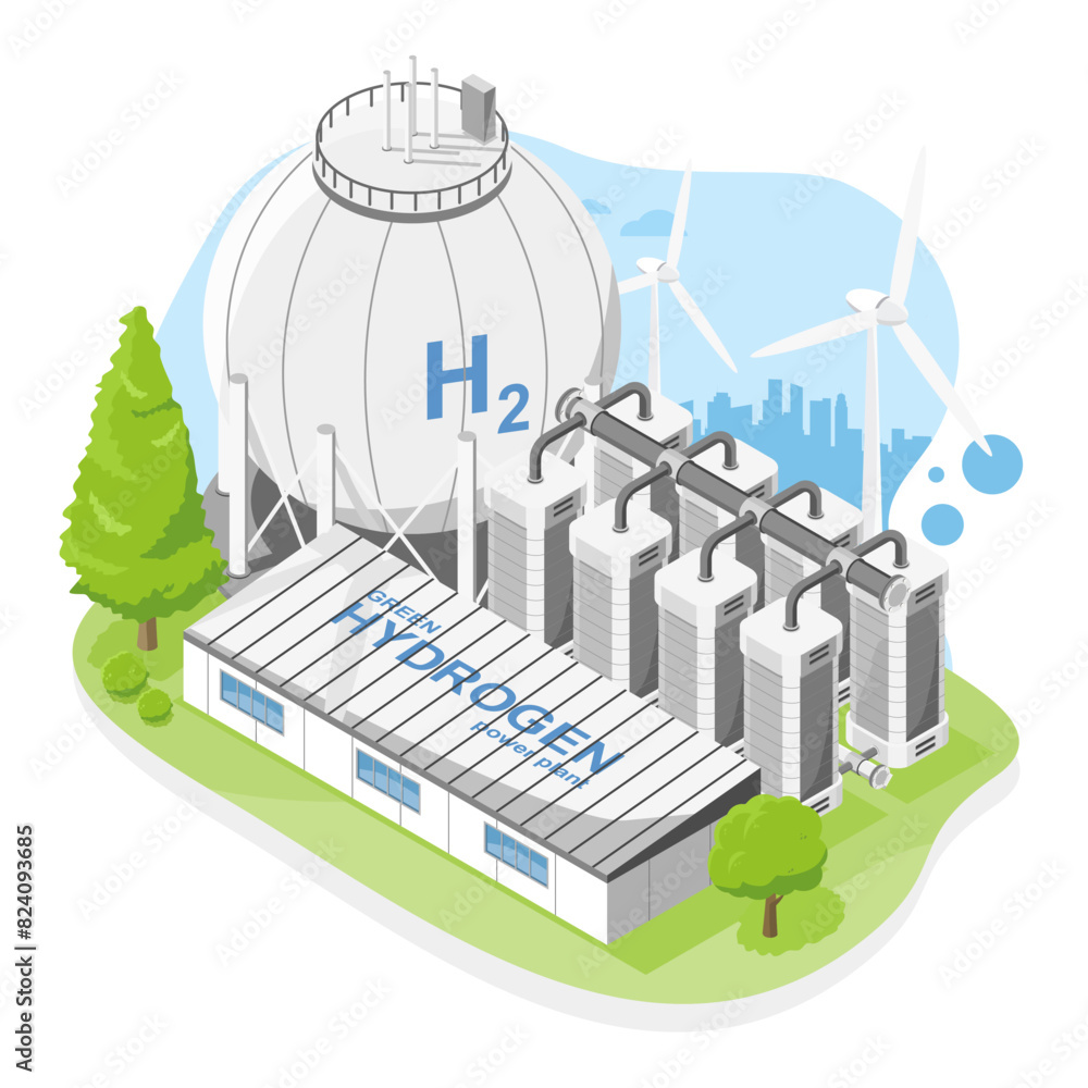 Green hydrogen H2 simple future energy factory power plant icon concept ...