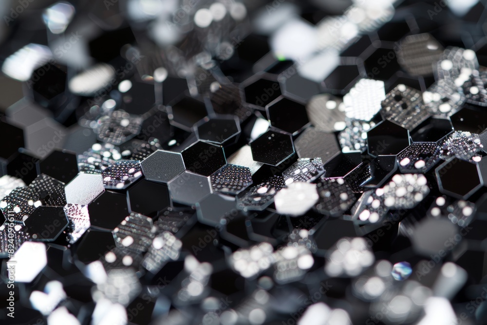 A closeup of black and white sequins, each with the shape of hexagons ...