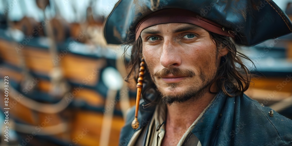A pirate clad man with a hat against a boat backdrop. Concept Pirate ...