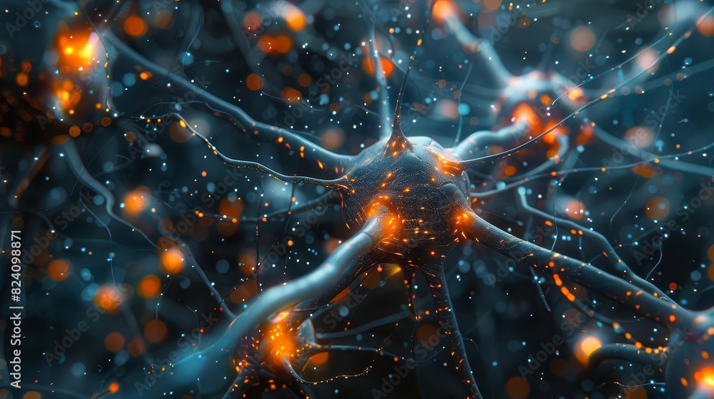 Describe a visualization of a neural network, with interconnected nodes and layers processing ...