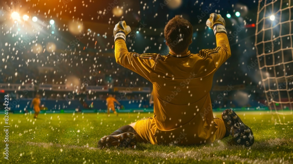 soccer goalkeeper celebrating in the arch of a stadium in high ...