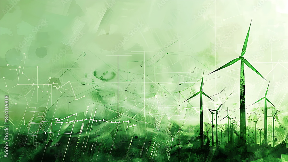 sketch charts with wind turbine and graph. green energy concept the ...