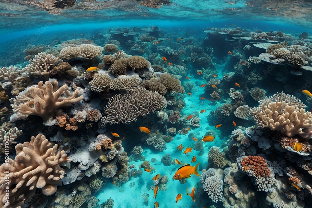 Underwater coral reef ecosystem, vibrant marine life, colorful fish ...