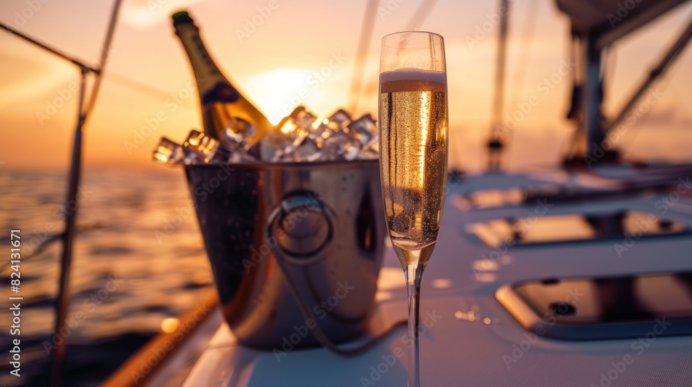 Champagne bottle in ice bucket with champagne glass for serving to ...