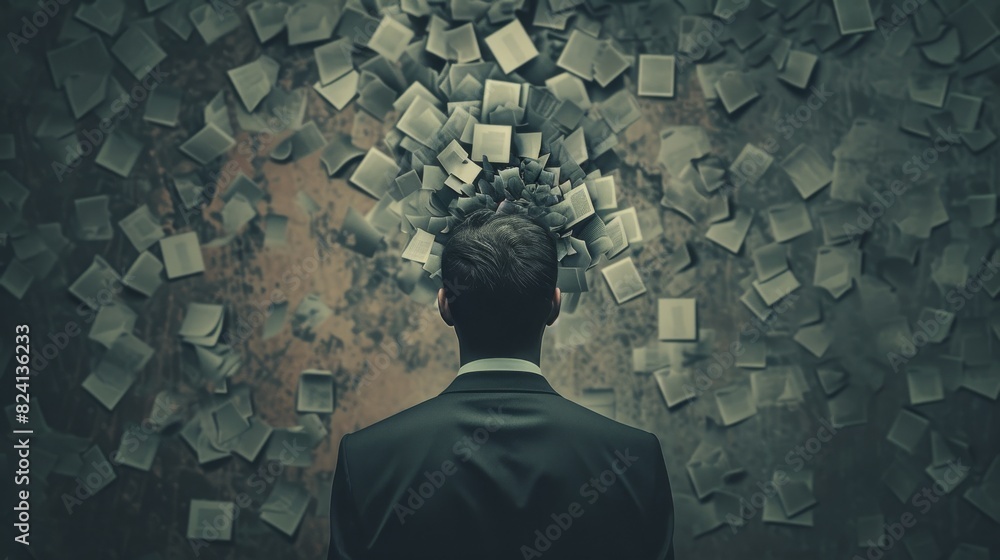 Dramatic portrayal of a man in a dark suit, overwhelmed as numerous ...