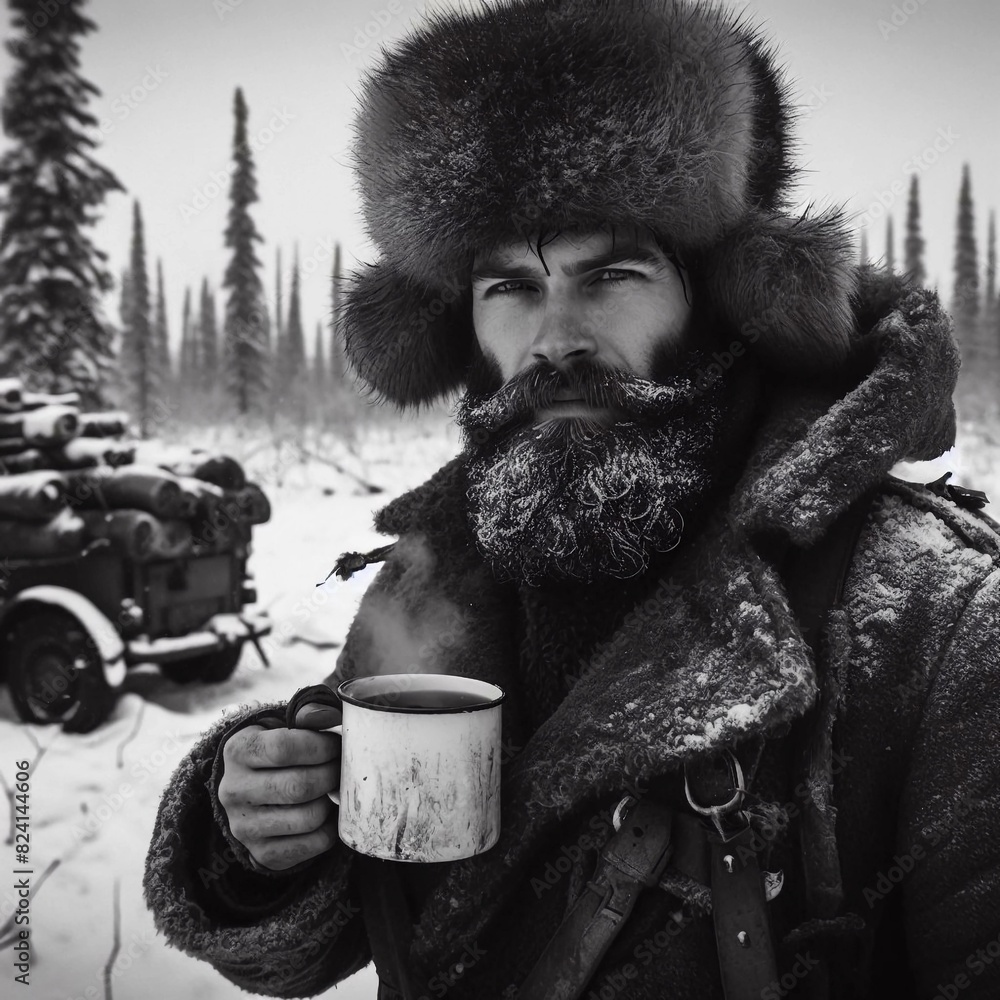 Stoic Russian Man in the Wilderness, Dressed in a Shearling Coat and ...