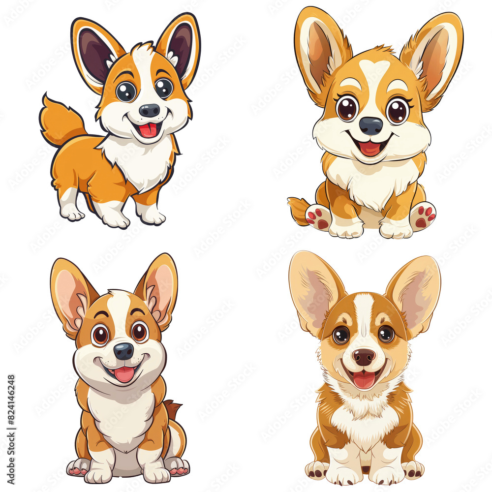 Set of 4 cute cartoon characters of corgi puppy in comic style ...