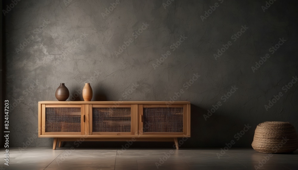 Interior home of living room with wooden net cabinet mockup for LED TV ...