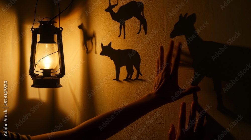 A warm silhouette of a hand reaching towards animal shadows cast by an ...