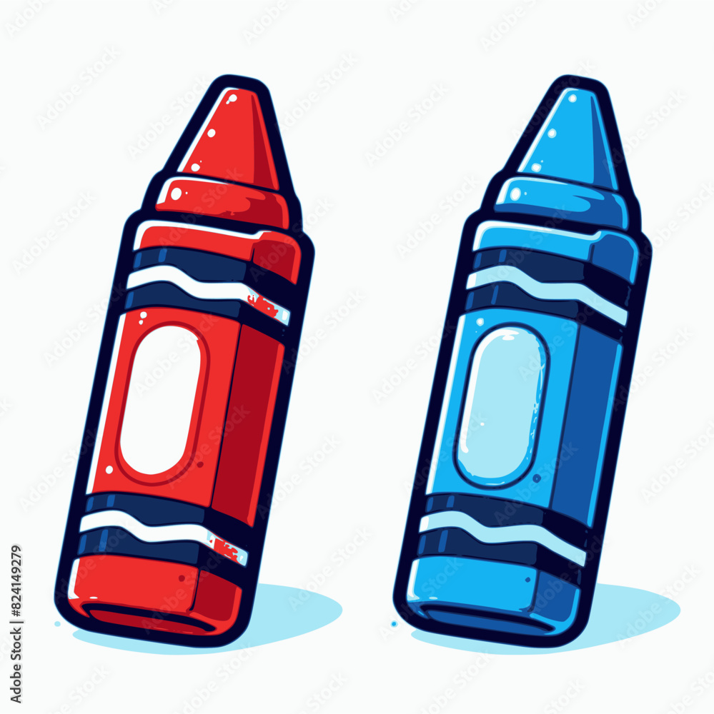 two crayons, one red with a yellow label and one blue with a lighter ...