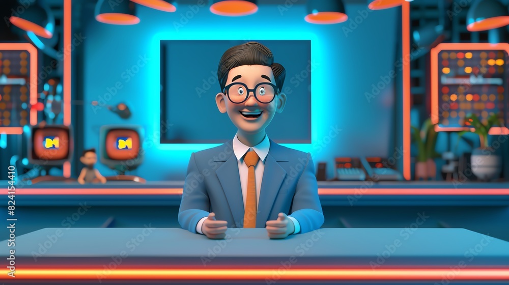 Smiling announcer portrait flat design front view TV studio theme 3D ...