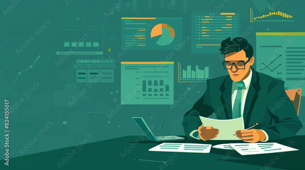 Accountant in suit flat design side view corporate theme cartoon ...