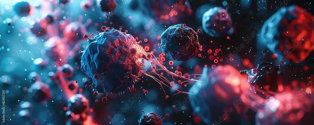 A detailed 3D render of autoimmune cells attacking healthy tissue ...