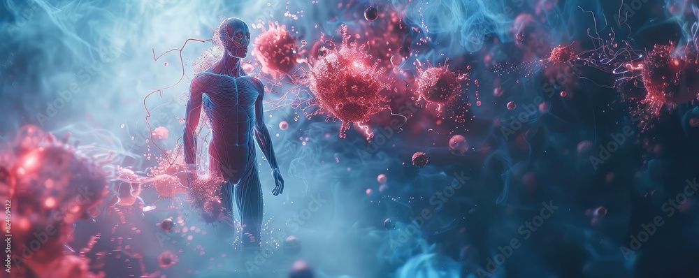 A detailed 3D render of contagion spreading through a human body ...