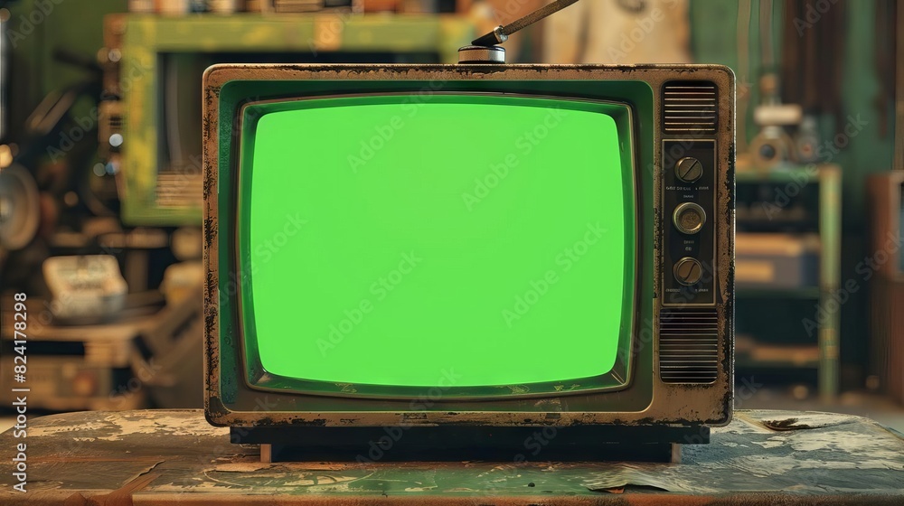 retro television with green screen isolated on vintage background ...