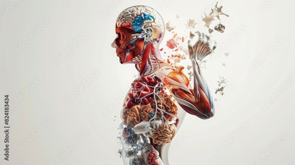 An accurate human anatomy model with various parts floating around it ...
