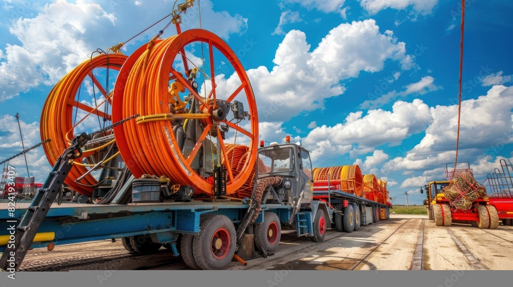 Oilfield coiled tubing equipment. Coiled tubing reel on a trailer ...