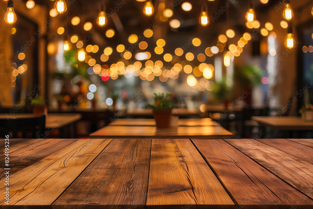 Wood table top on blurred restaurant interior background Stock Photo ...