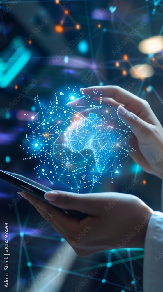 AI, data science, digital technology concept. Computer programmer using digital tablet with AI ...