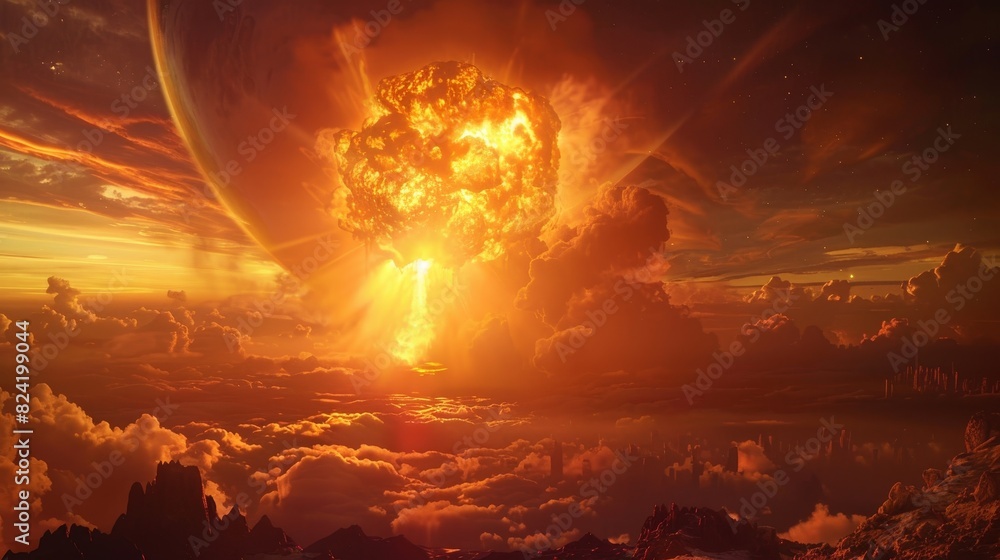 A terrible atomic explosion with immense shock waves, the horizon consumed by a towering ...