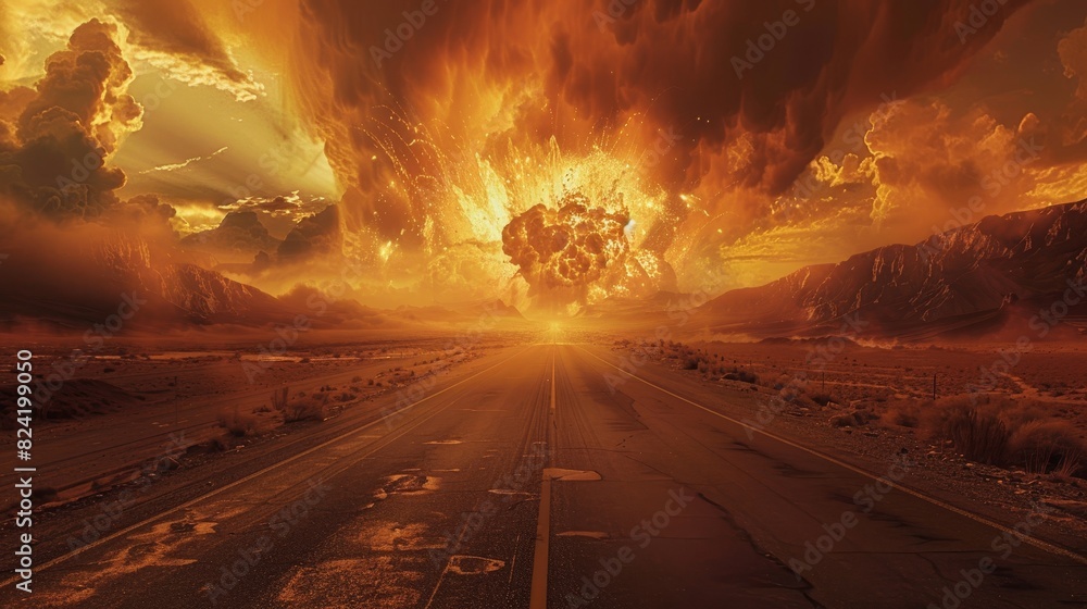 A surreal landscape where a deserted asphalt road runs toward a ...