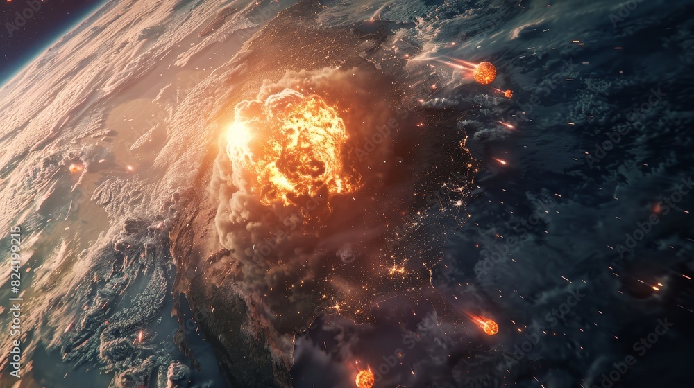 Aerial perspective of Earth's surface being impacted by a nuclear ...