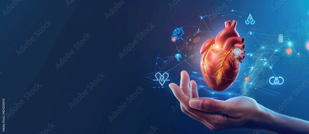 Cartoon doctor hand holding human heart with pulse and medical symbols ...
