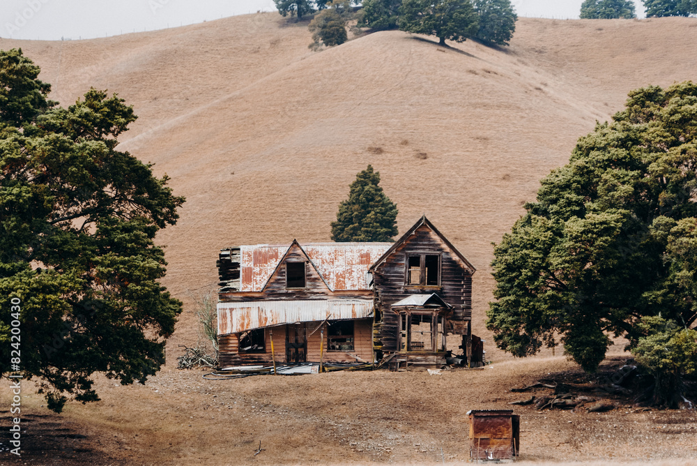 An old, dilapidated house sits abandoned in the middle of a vast field. The weathered structure ...