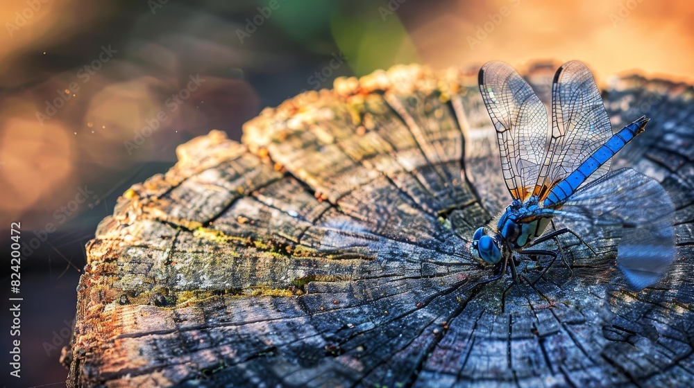Blue dragonfly perched on textured tree stump, close-up, leaf veins ...