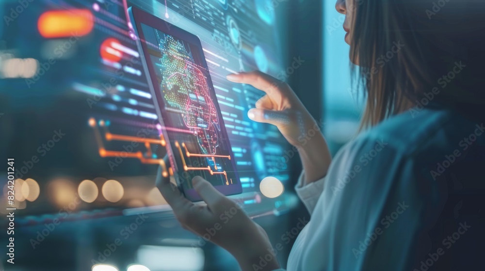 AI, data science, digital technology concept. Computer programmer using digital tablet with AI ...