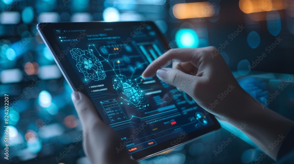 AI, data science, digital technology concept. Computer programmer using digital tablet with AI ...