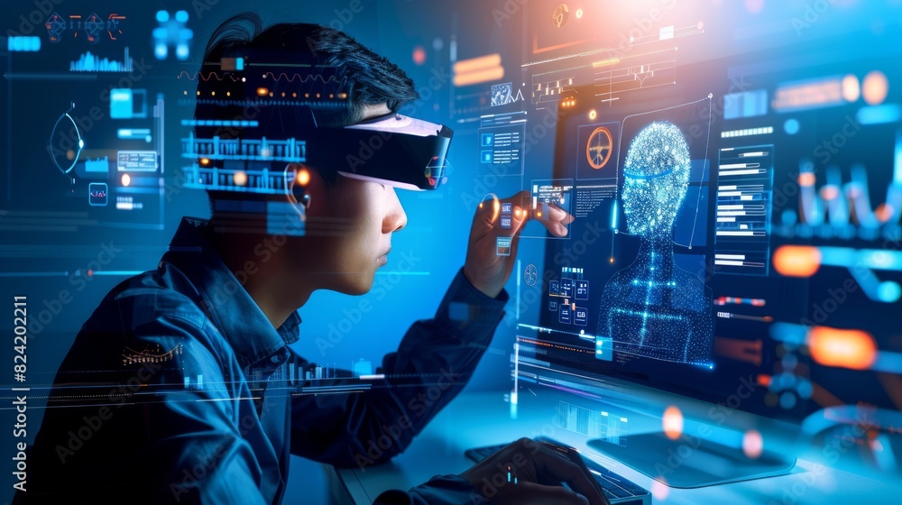 AI, data science, digital technology concept. Computer programmer using digital tablet with AI ...