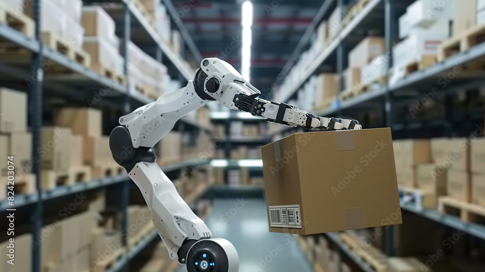 Industrial robot arm grabbing the cardboard box on roller conveyor rack ...