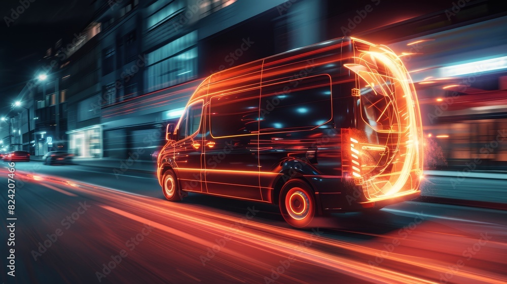 High-speed logistics van with wheels on fire, cutting through city ...
